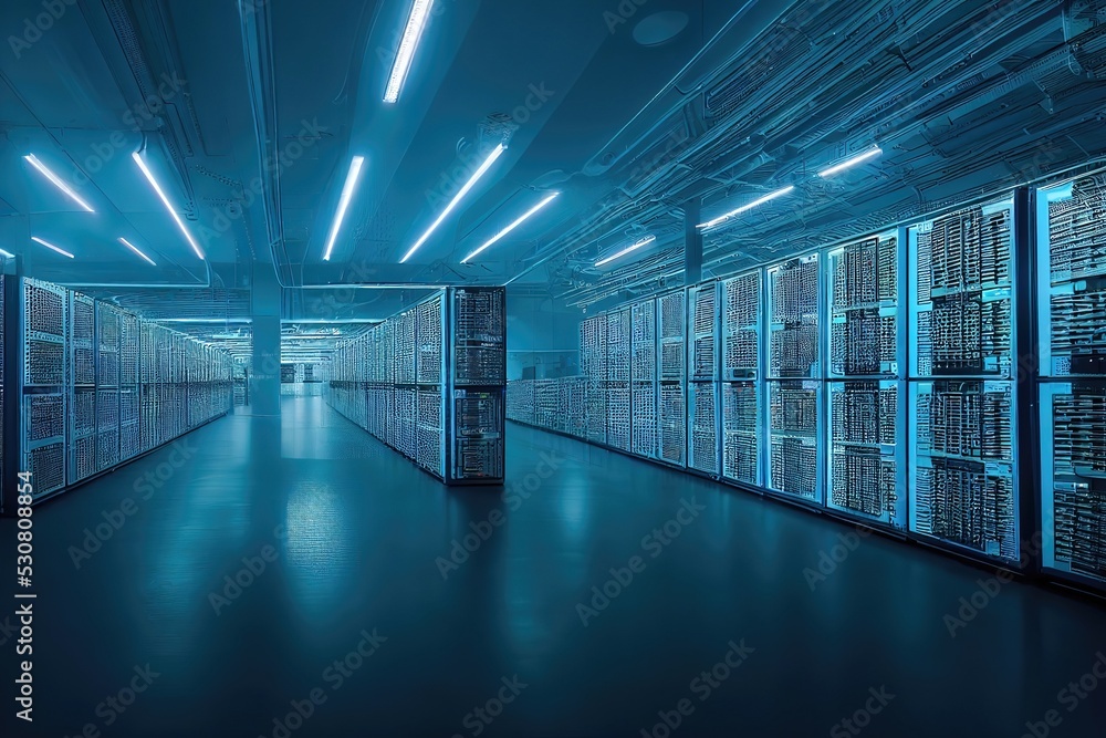 Raster illustration of data center interior in blue colors. Rack ...