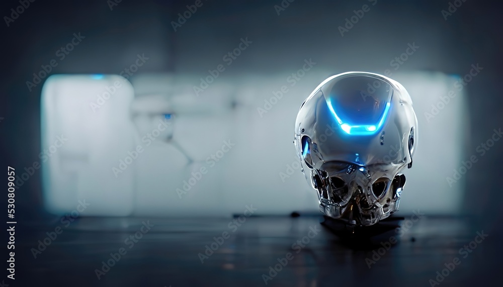 Raster illustration of robot head. Skull, artificial intelligence ...