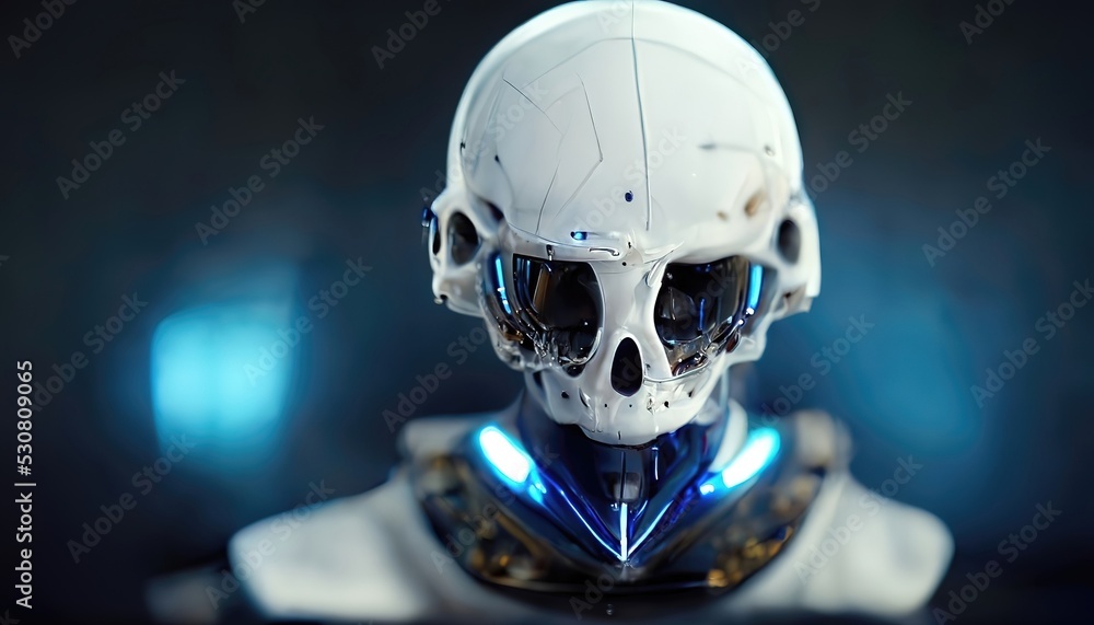 Raster illustration of white robot with neon blue lights. Blue ...
