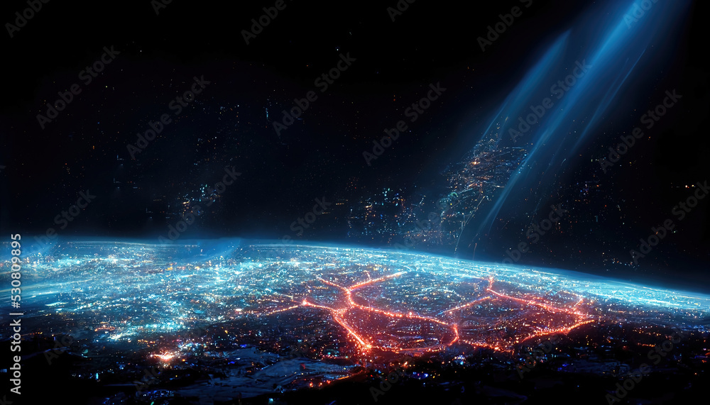 Raster illustration of view of the planet from space. Night lights ...