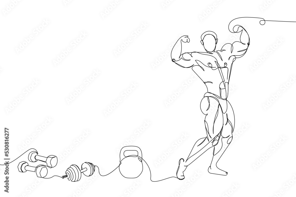 Bodybuilder and kettlebell with dumbbell set one line art. Continuous ...