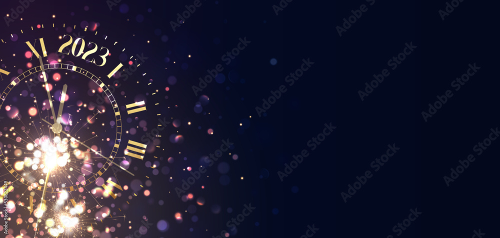 2023 New Years background vintage gold shining clock report time five ...