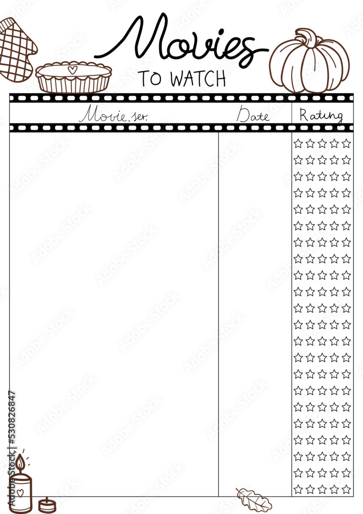 Empty cine-film with space for to fill plan watch movies and series. A4 ...