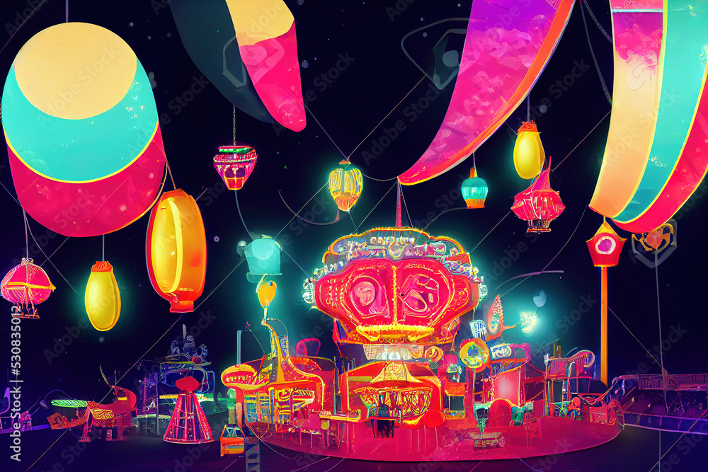 Funfair and carnival rides and amusements show background with neon ...
