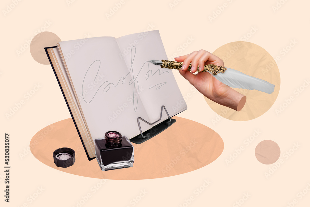 Composite collage picture image of hand hold write retro vintage pen ...