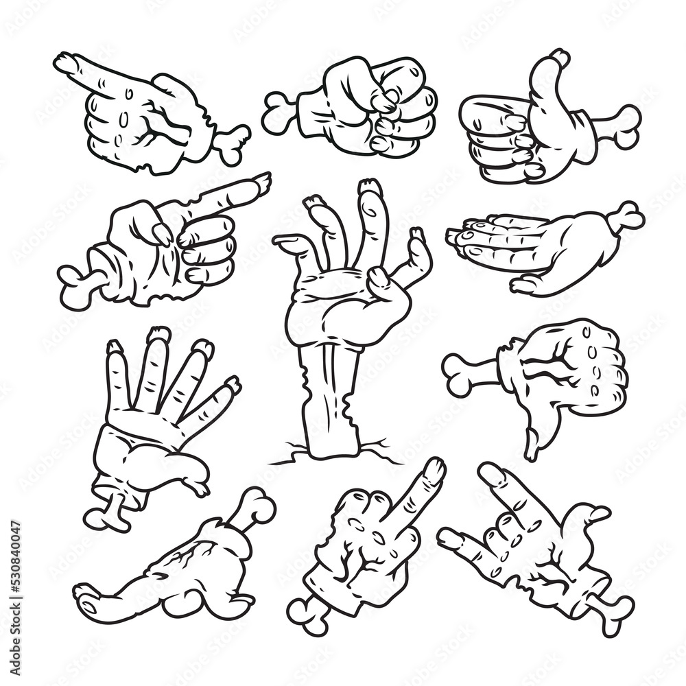 Cartoon Zombie Hands Collection Black Outline Stock Vector | Adobe Stock