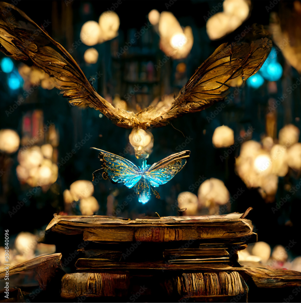 Ferries flying in magical library Stock Illustration | Adobe Stock