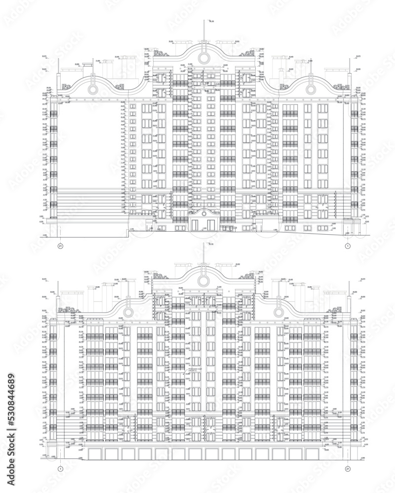 Multistory Building Facades Detailed Architectural Technical Drawing Vector Blueprint Stock