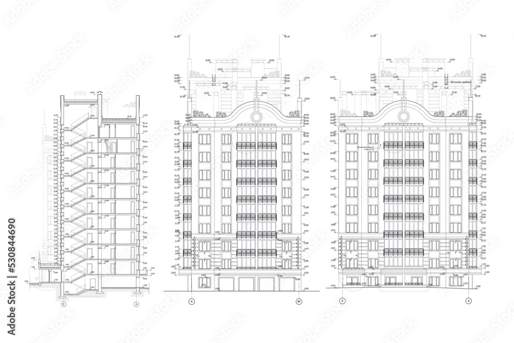 Multistory building facades, detailed architectural technical drawing ...
