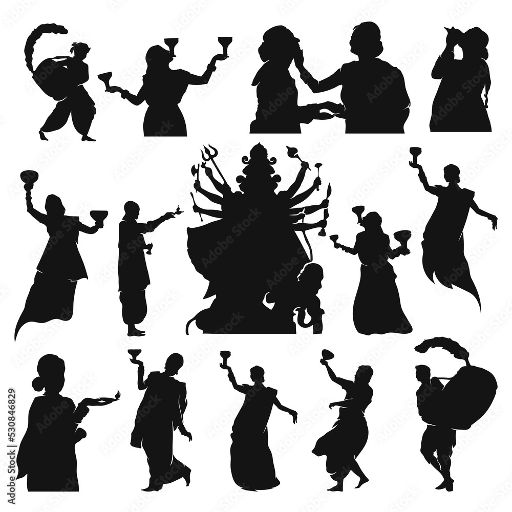 Indian man and women wearing traditional cloth Celebrating Durga puja silhouette by dancing ...