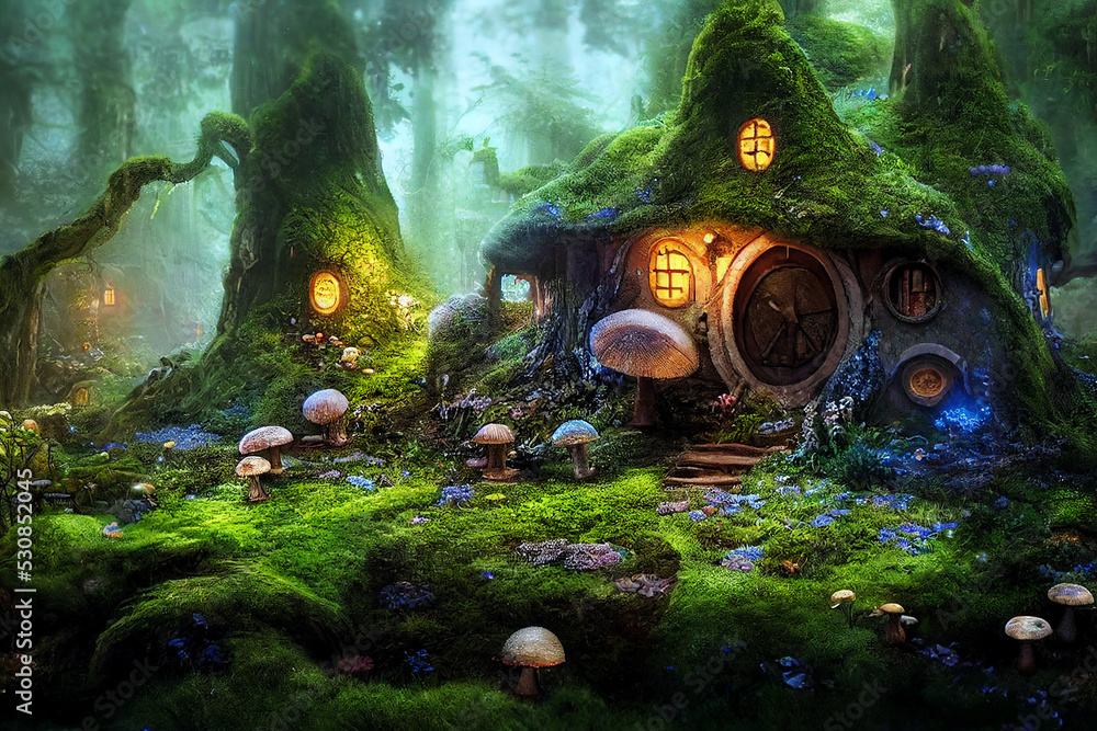 Photo & Art Print Hobbit village, houses with round doors and windows ...