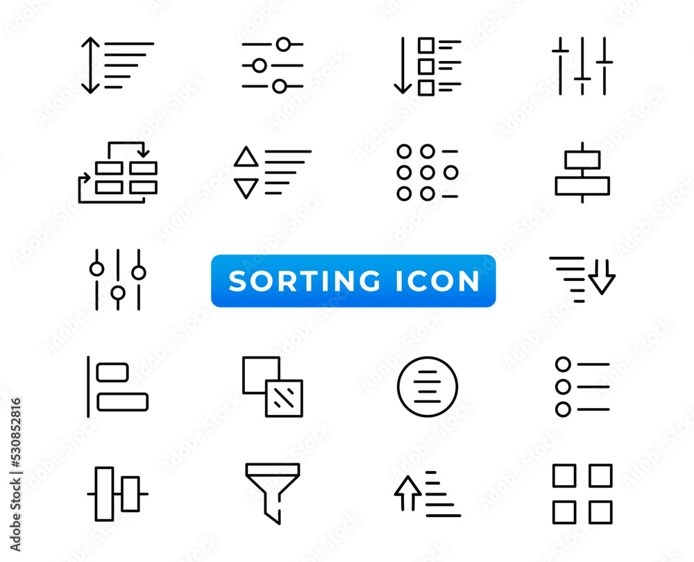 Set of sorting and filtering related linear icons on white background ...
