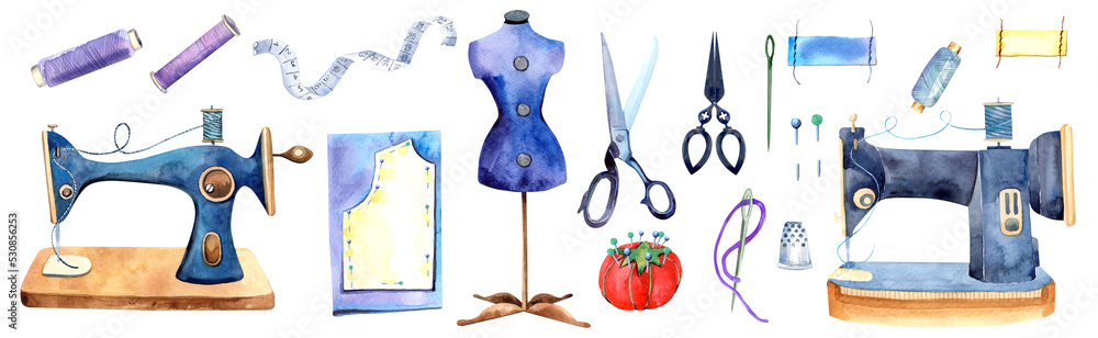 Watercolor sewing clipart. Dress form, sewing machine, needlework ...