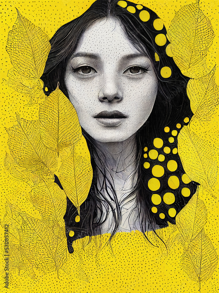 Digital painting of iconic woman, dots and circles, bright yellow ...