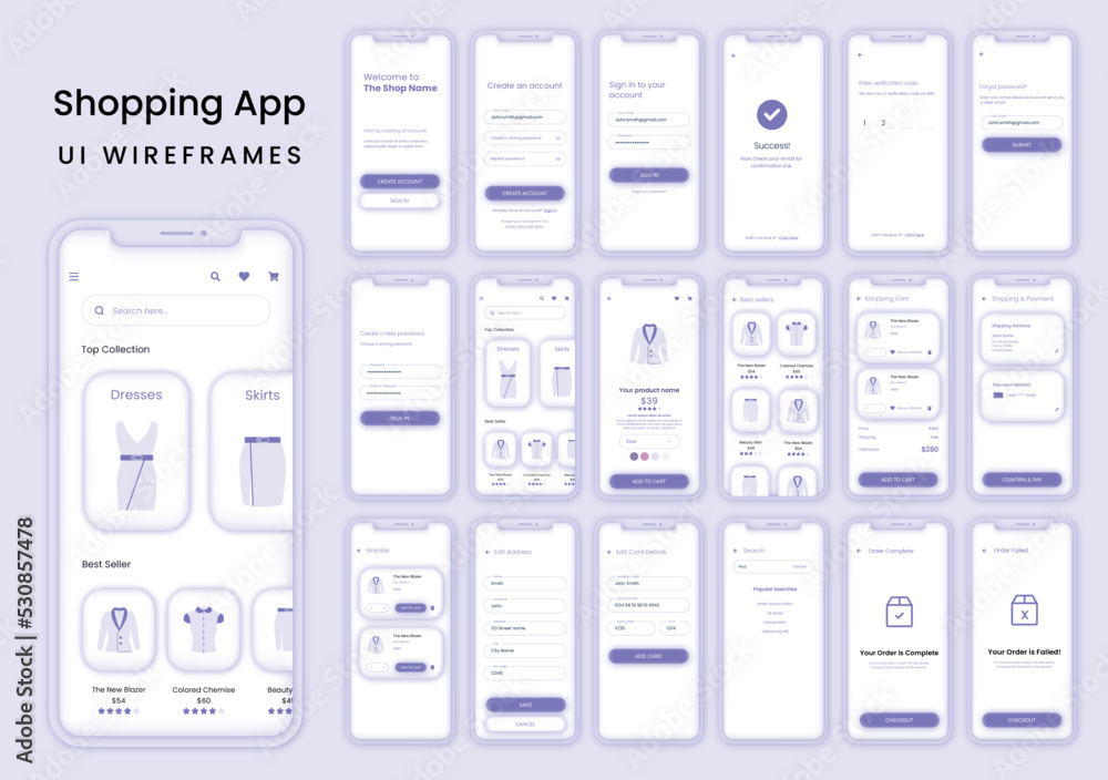 Vetor de Shopping app UI design wireframes template in light colors do ...