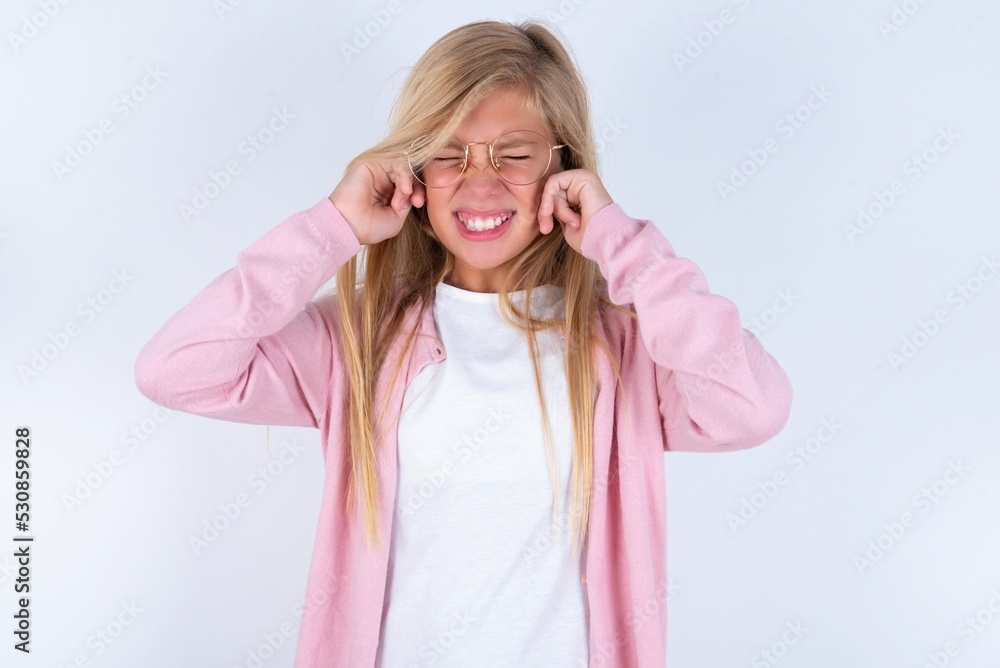 Stop making this annoying sound! Unhappy stressed out caucasian blonde ...