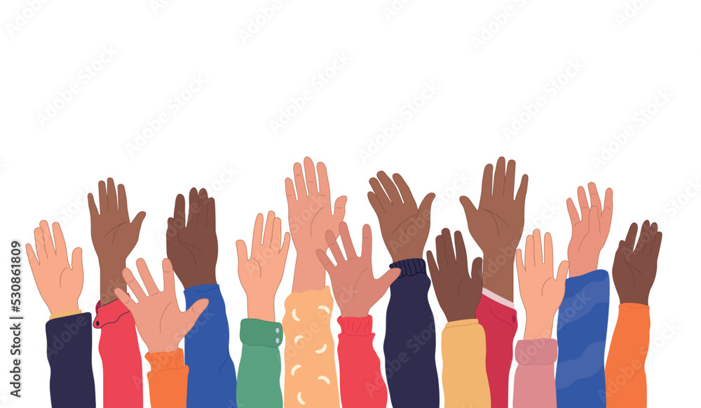 Allyship. Raised arms of a group.Volunteers. Racial equality. Teamwork ...