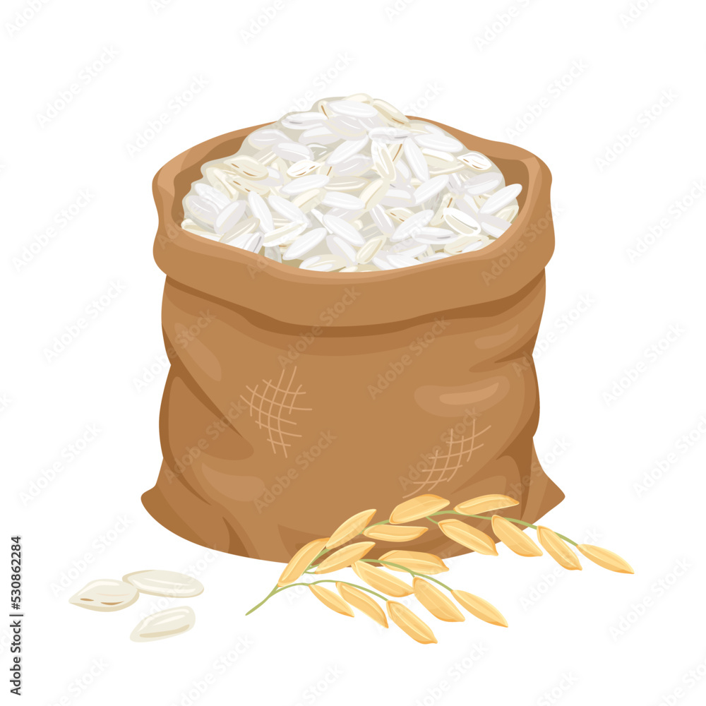 Bag with rice grain and ear isolated on white background. Vector ...