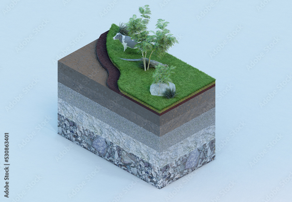 Piece of land with realistic soil layers vegetation and cattle Stock ...