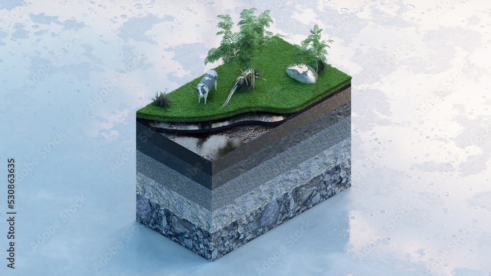 Piece of isometric land showing soil layers rain vegetation and cattle ...