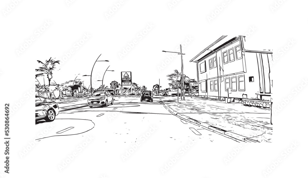 Building view with landmark of Oranjestad is the capital of Aruba. Hand ...