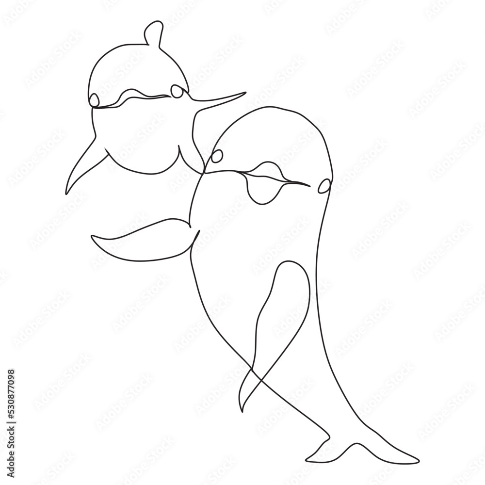 Continuous One Line Drawning Dolphins Playing Sea Stock. One Line Art ...