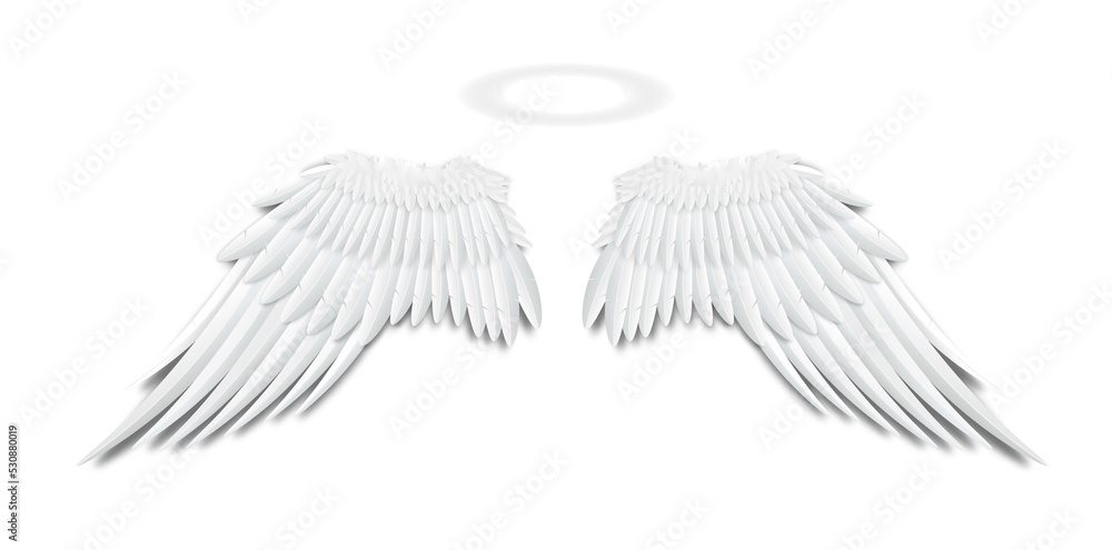 Angels white feather wings with glowing halo aureole, realistic mockup ...