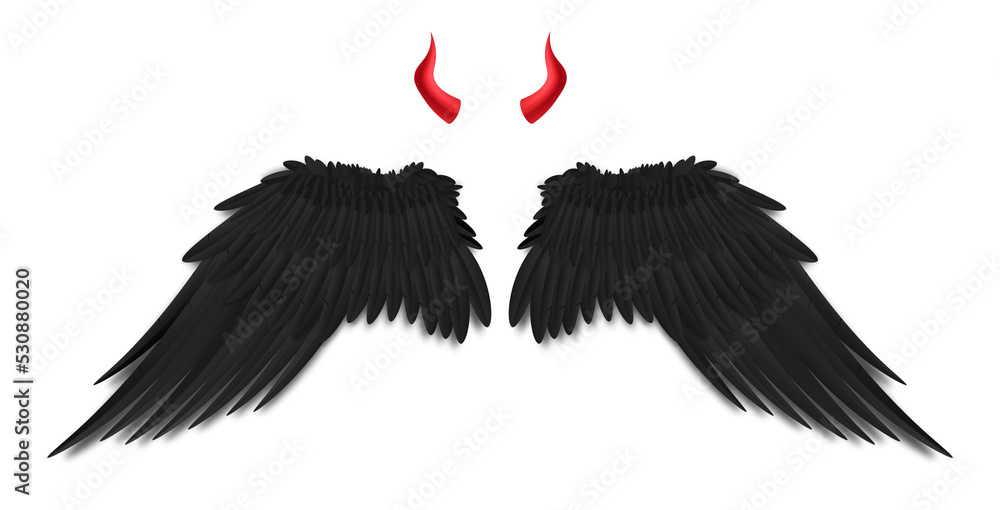 Template of devil black feather wings and small red horns, realistic ...