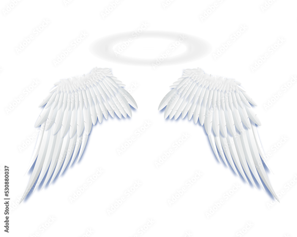 Angels white feather wings with glowing halo aureole, realistic mockup ...