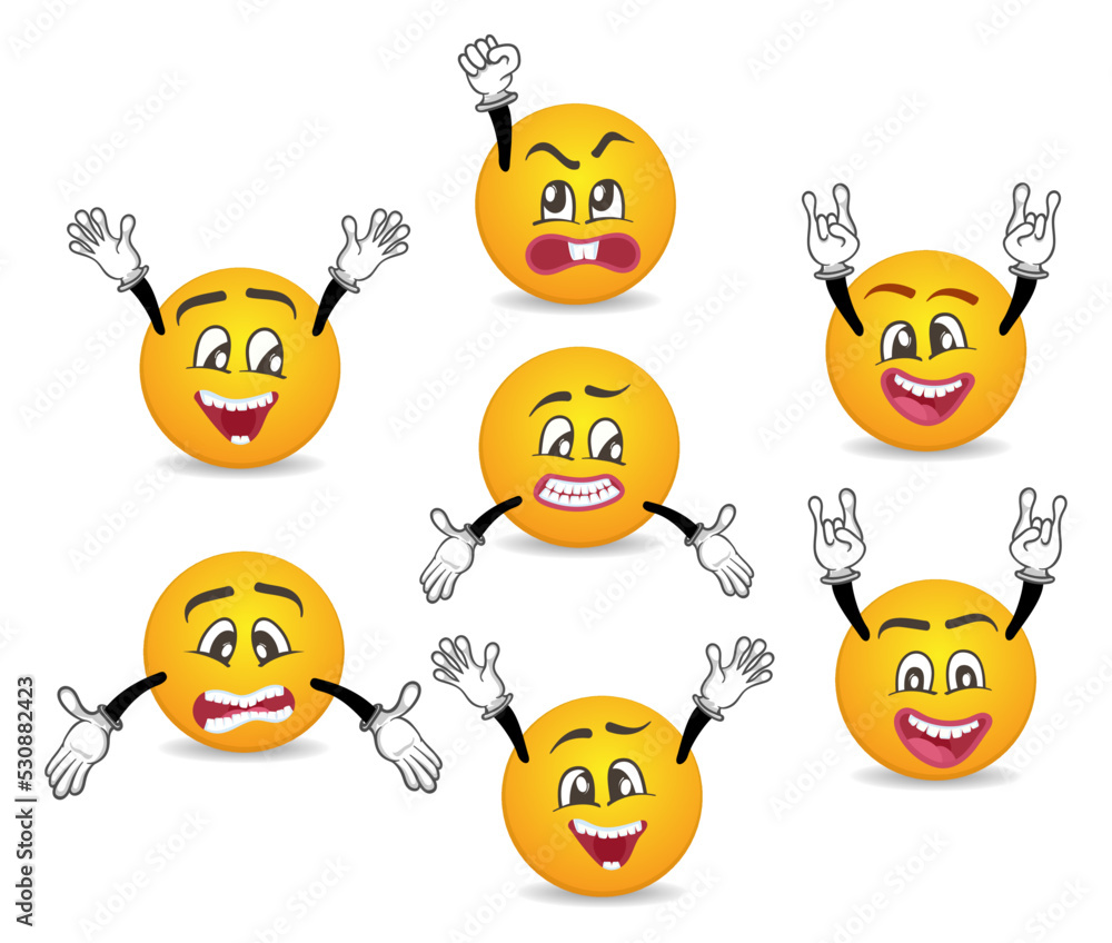 3d funny smileys faces with hands gesture set. Happiness, anger, joy ...