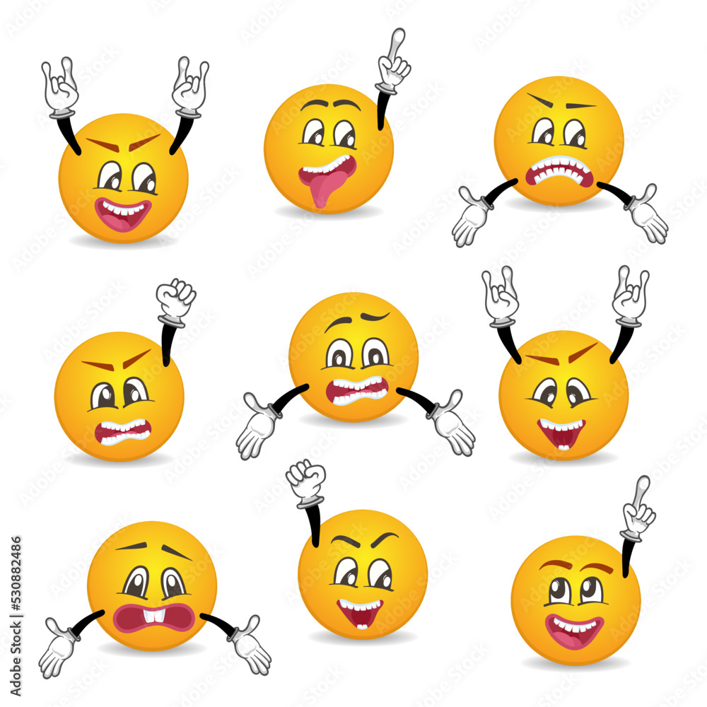 Joyful and sad smileys with hands gesture set. Happiness, anger, joy ...