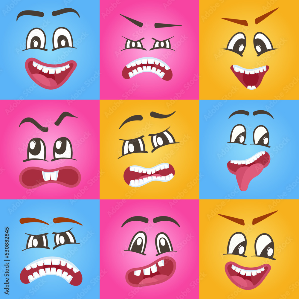 Emoticons or funny smileys icons set. Happiness, anger, joy, fury, sad ...
