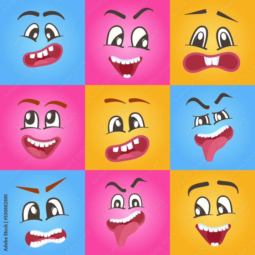Smiley faces with different facial expressions. Emoji vector characters ...