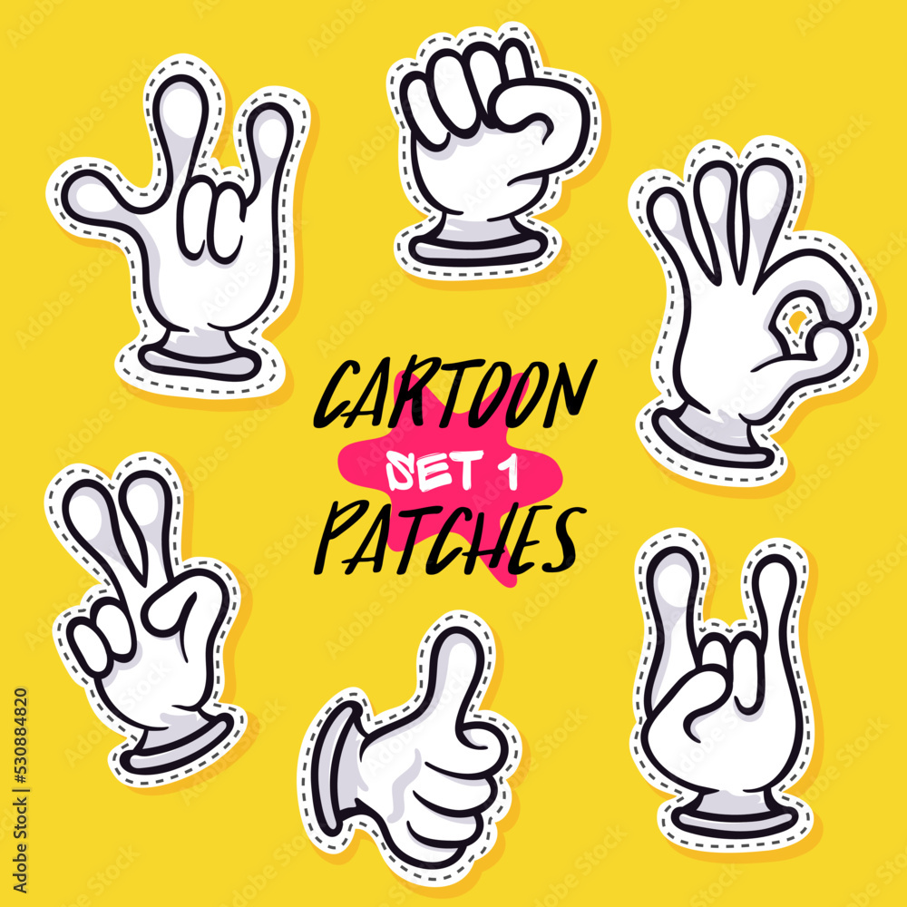 Cartoon patches with human hands. Funny emoticon gesturing, making ...