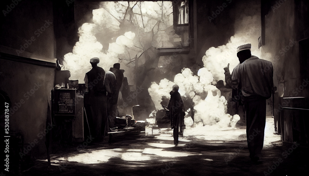 3d illustration of a war on a battlefield with planes, smoke, bombs and ...