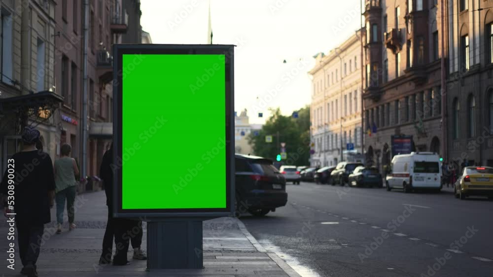4k Mockup billboard stands, people walk and transport move in city spbd ...