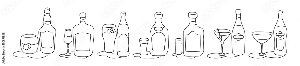 Whiskey liquor beer tequila rum martini vermouth bottle and glass ...