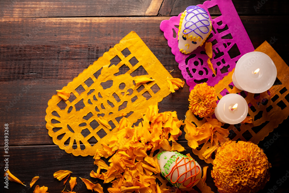 Sugar skulls with Candle, Cempasuchil flowers or Marigold and Papel ...