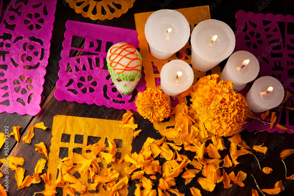 Sugar skulls with Candle, Cempasuchil flowers or Marigold and Papel ...