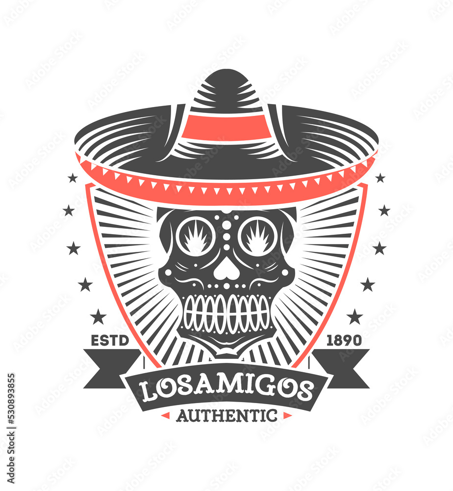 Los amigos vintage isolated label with skull in sombrero. Traditional ...