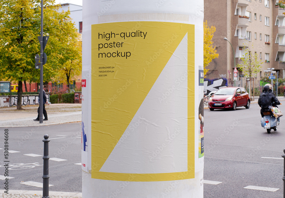 Glued Outdoor Poster on Concrete Wall Mockup Stock Template | Adobe Stock