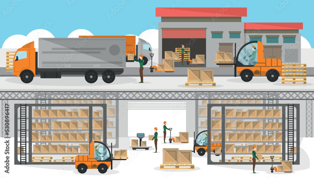 Loading process in storehouse banner. Distribution business vector ...