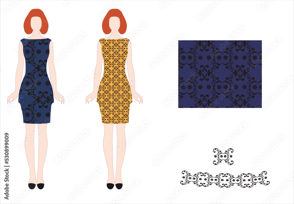 Seamless pattern for the fabric of women's dresses. Two models of girls ...