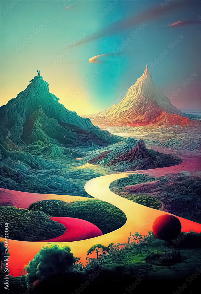Psychedelic surreal landscape. Digital 3D illustration of spiritual ...