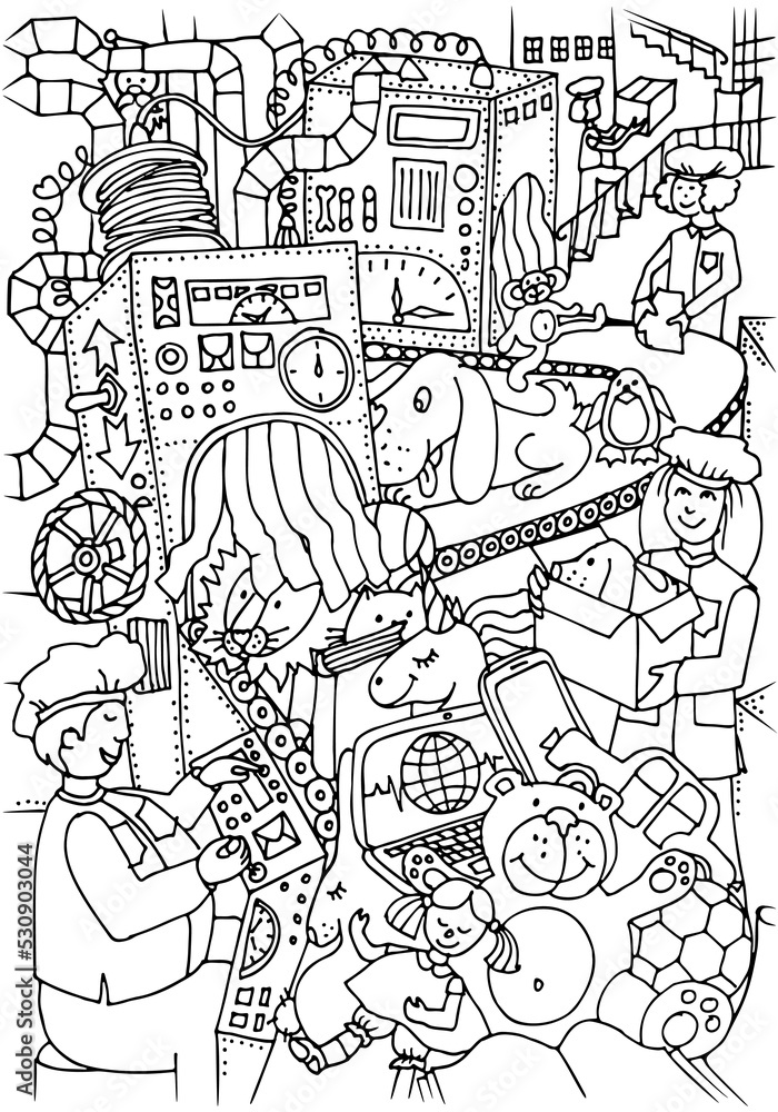 Coloring page for kids. Toy factory. Conveyor. Waiting for Christmas ...