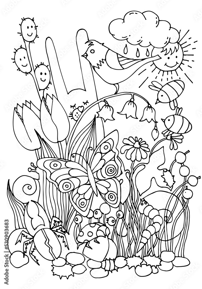 Coloring page for kids. Spring or summer illustration with butterfly ...