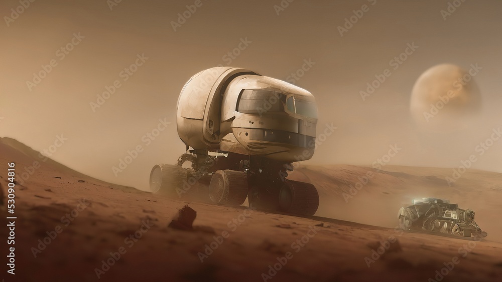 ภาพประกอบสต็อก Futuristic mars vehicle moving on colonized planet Mars ...
