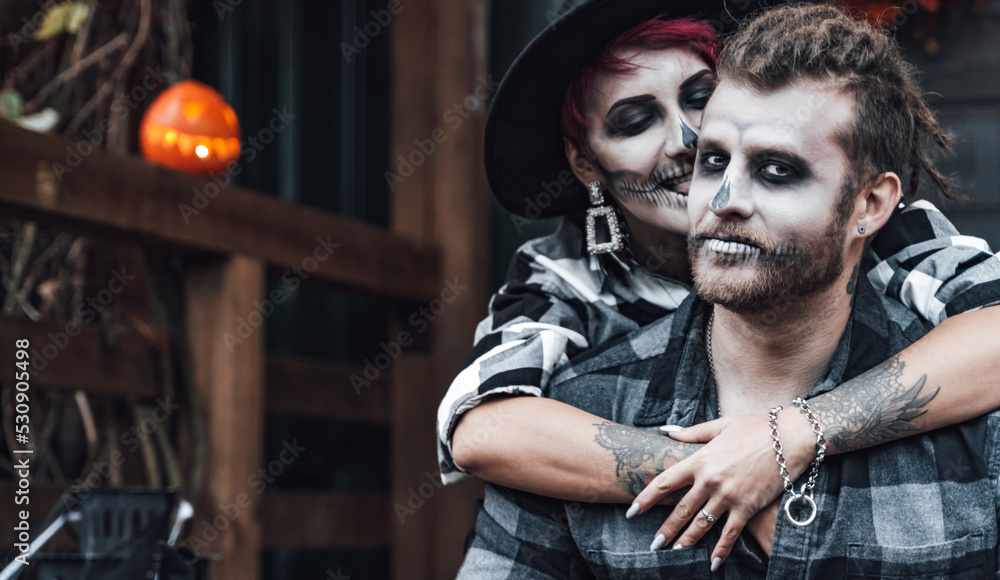 Scary love romantic family couple man,woman celebrating halloween ...