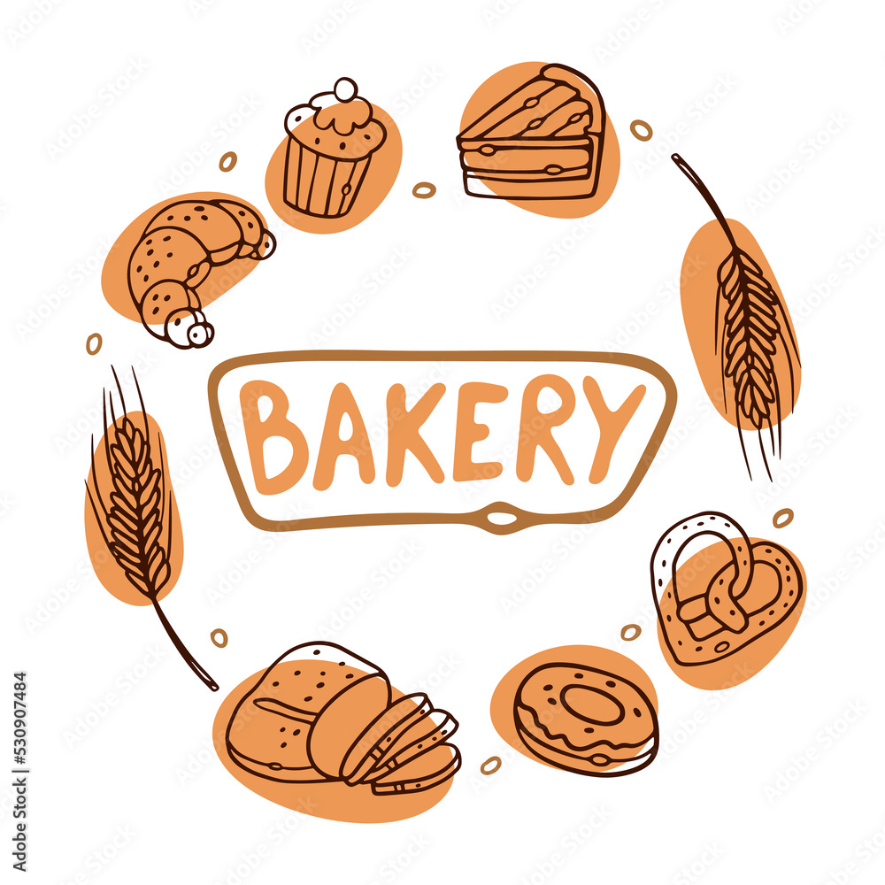 Bakery sign with bakery products. Outline doodles Pastry Set vector ...