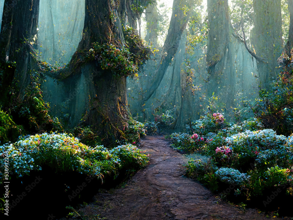 Mysterious forest illustration with paths surrounded by trees, flowers ...